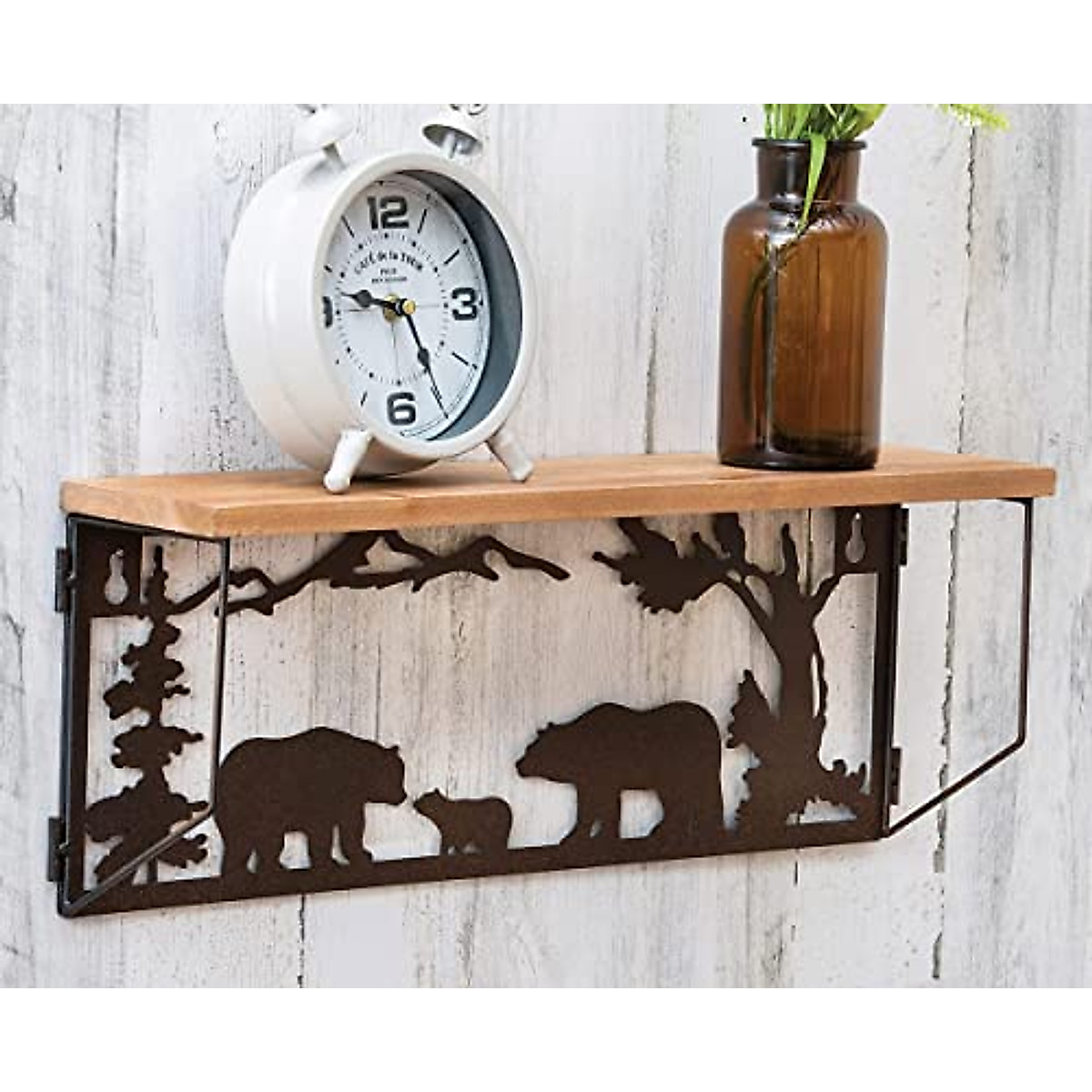 Ebros Gift Forest Woodlands Rustic Black Bear Family Metal Cutout Art Wall Hanging Floating Wood Shelf 20" Wide Rustic Bears Decorative Cabin Lodge Country Mountain Western Homes