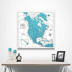 Push Pin North America Map Board - With Push Pins to Mark North America Travel - Handmade in Ohio, USA - Design: Teal Color Splash