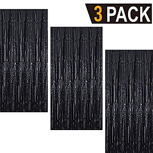 GOER 3.2 ft x 9.8 ft Metallic Tinsel Foil Fringe Curtains Party Photo Backdrop Party Streamers for Halloween,Birthday,Graduation,New Year Eve Decorations Wedding Decor (3 Packs,Black)