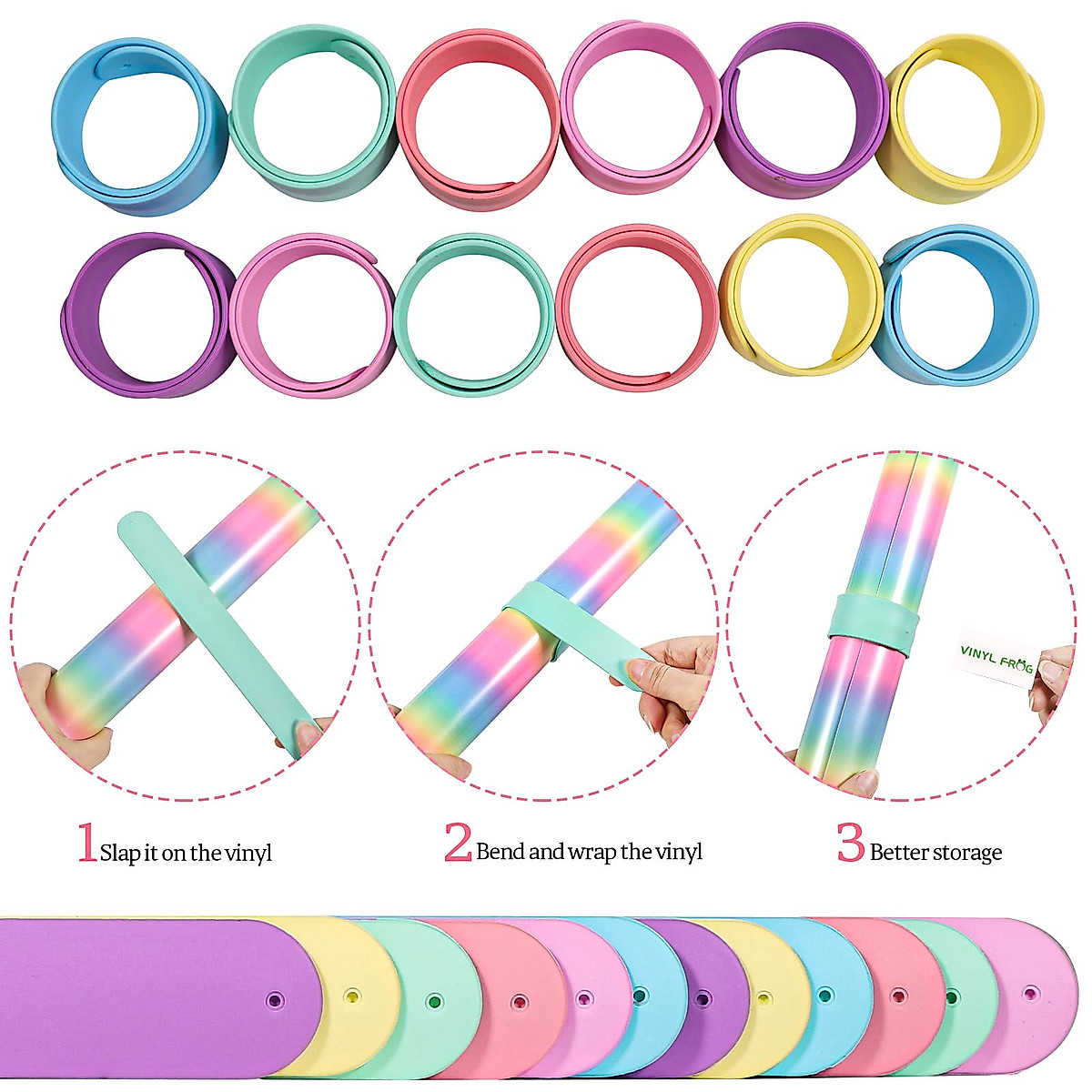VINYL FROG 12 Pcs Rainbow Silicone Slap Bracelets, 6 Colors Slap Bracelet Wristbands Soft and Safe for School Party DIY Painting Favors Craft Project, 8.5 Inch x 1 Inch