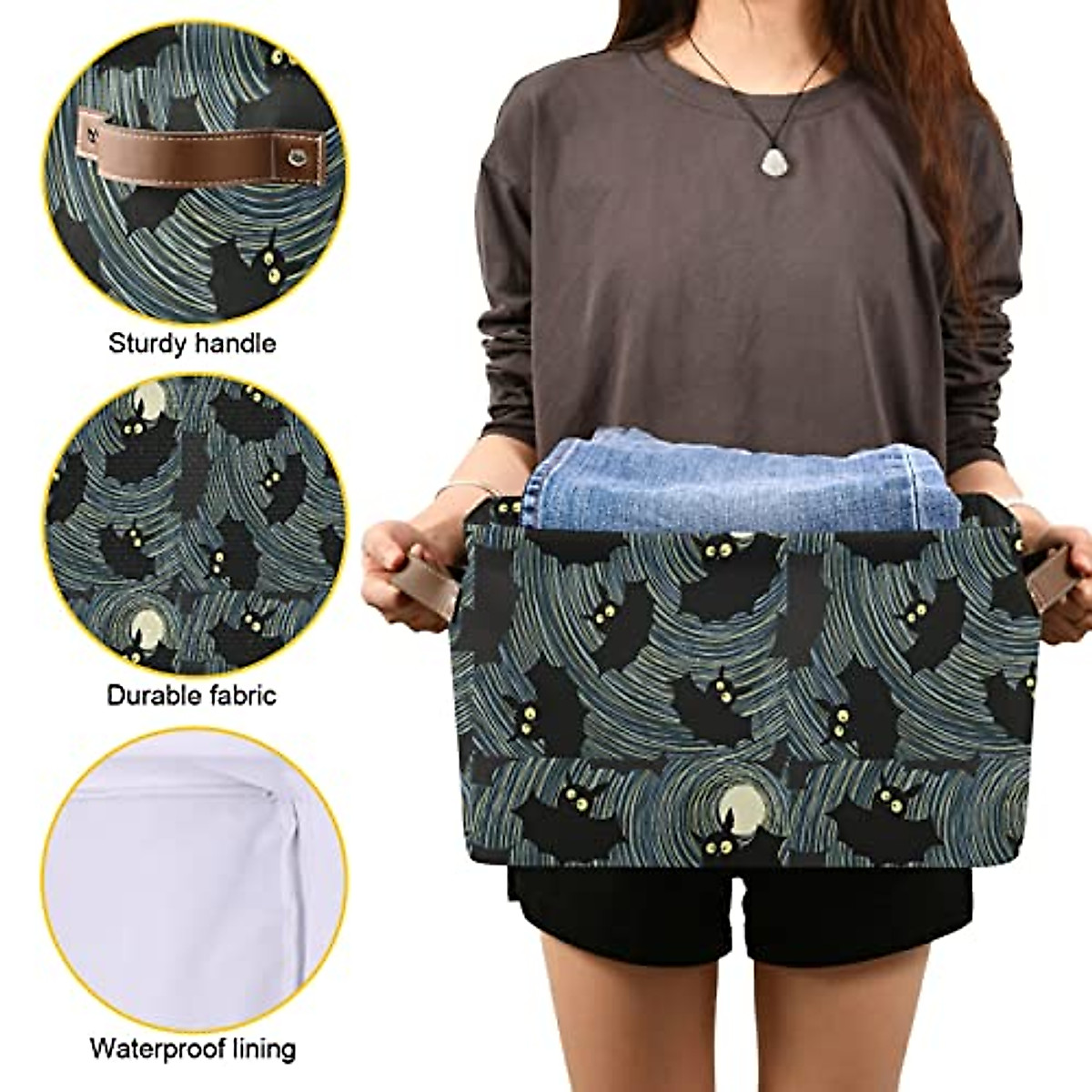 xigua Halloween Bat Black Large Storage Basket Square Foldable Canvas Laundry Baskets Bin Waterproof Inner Layer with Sturdy Handles for Kids Toy Nursery Blanket Clothes 2Pack