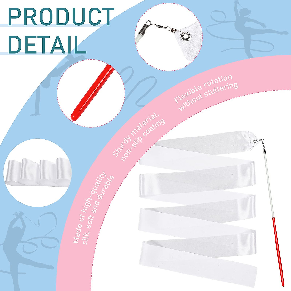 HyDren White Gymnastics Ribbon Sticks 4 Pieces Rhythmic Dancing Streamers Praise Ribbon Dancer Wand Twirling Baton for Adults Kids Ribbon Streamers for Talent Shows Artistic Dancing(White,4 Pieces)