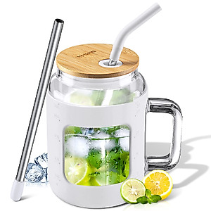 VOKOVO 32oz Glass Tumbler with Bamboo Lid and Straw, Glass Water Bottles with Time Marker, Iced Coffee Cup with Handle, Two Straw - Boba Straw & Drinking Straw Silicone Protective Sleeve-White