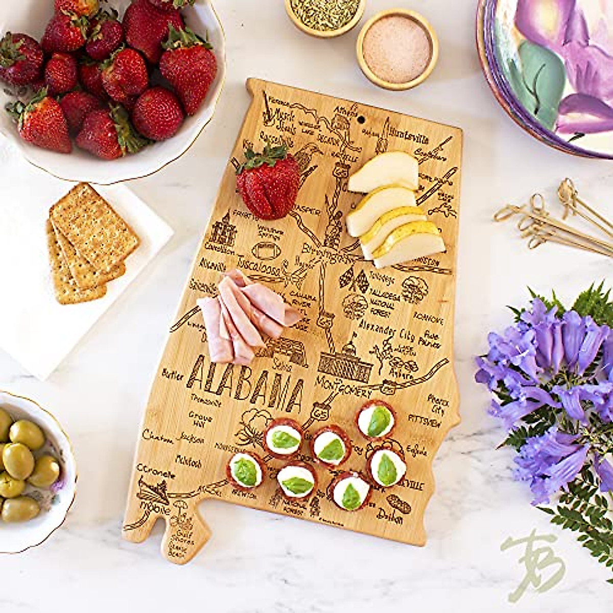 Totally Bamboo Destination Alabama State Shaped Bamboo Serving and Cutting Board, Includes Hang Tie for Wall Display