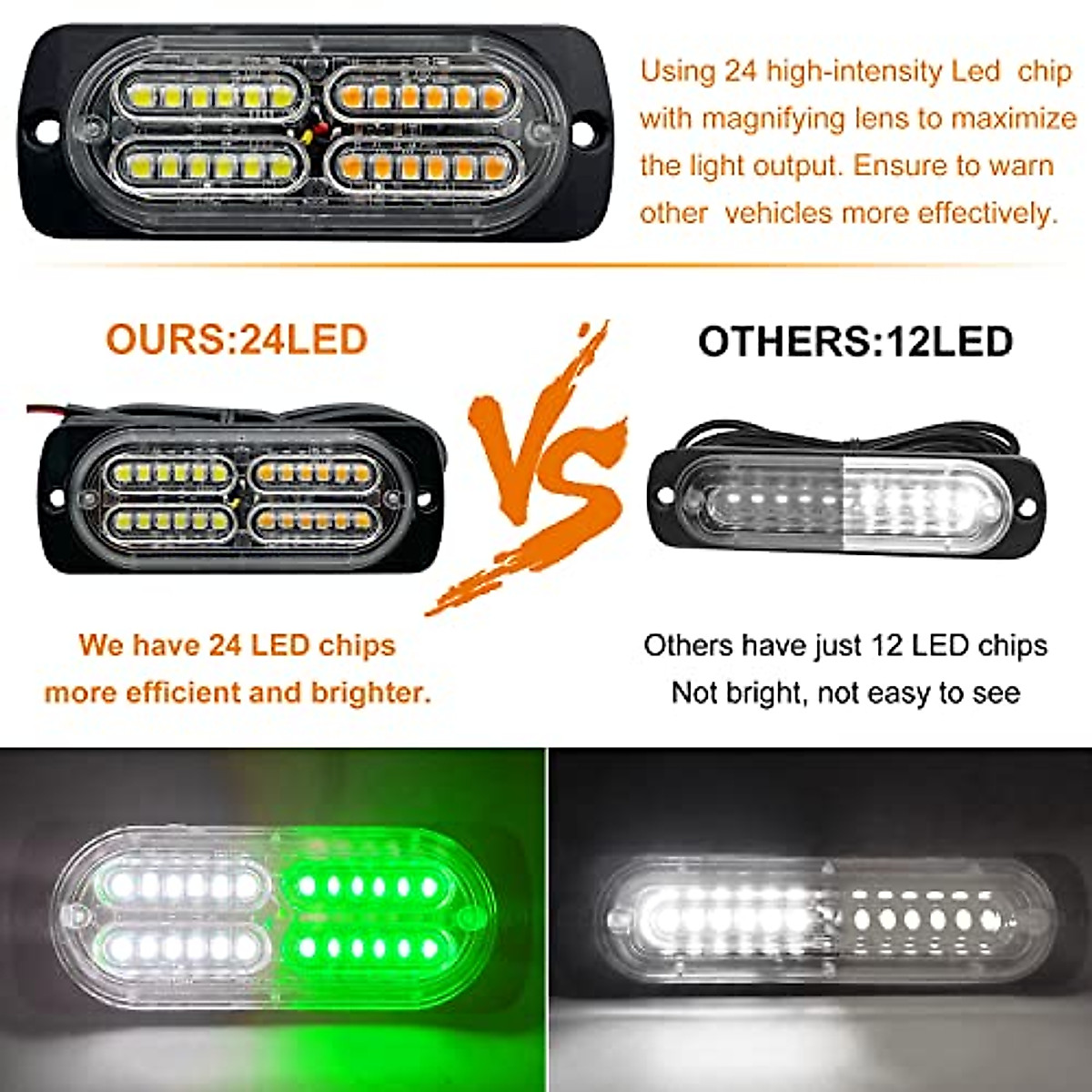 12-24V 20-LED Super Bright Emergency Warning Caution Hazard Construction Waterproof Amber Strobe Light Bar with 32 Different Flashing for Car Truck SUV Van - 4PCS (White Green)