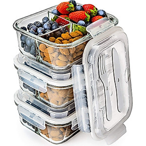 PrepNaturals Glass Meal Prep Containers 3 Compartment - Bento Box Containers Glass Food Storage Containers with Lids - Food Containers Food Prep Containers Glass Storage Containers with Lids 3 Pack