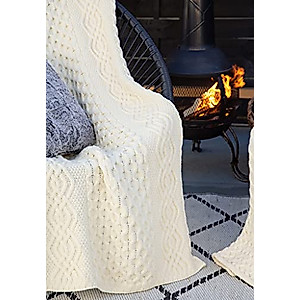SAOL Honeycomb and Cable Knit Patterns 100% Irish Merino Wool Aran Throw/Blanket 60 x 40 inches (Natural)