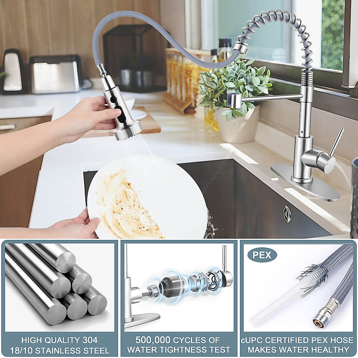 Homikit Kitchen Faucet Brushed Nickel with Pull Down Sprayer & Soap Dispenser, Stainless Steel Spring Faucets with Deck Plate 1 or 3 Hole, High Arc Commercial Sink Faucet for Farmhouse Laundry RV Bar