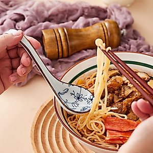 Hoilse Asian Soup Spoon Set of 4,Ceramic Chinese/Japanese Ramen Spoons, Long Handle Perfect Depth for Dumpling, Pho, Noodles, Miso, Wonton, Dishwasher Safe(Retro)