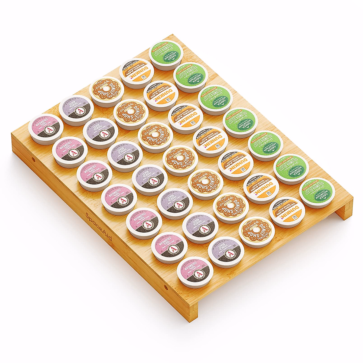 SpaceAid Bamboo K Cup Drawer Organizer Insert, Kitchen K Cups Coffee Pod Holder Tray Organizers for Kcup Coffee Station Drawer Storage Organization (35 Slots)