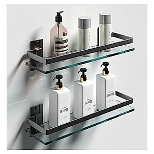 KATASKI 2 Pack Bathroom Glass Shelf ，Aluminum Tempered Glass 0.34in Extra Thick 1 Tier Storage Organizer Wall Mount,Black 15.7in