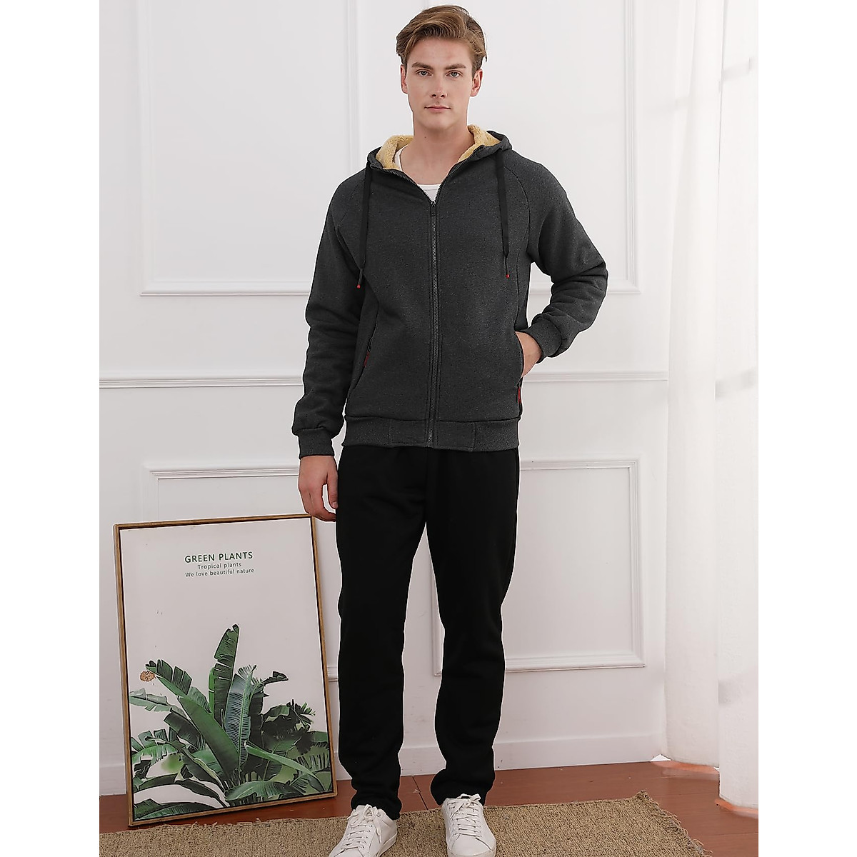 Gihuo Men's Winter Sherpa Lined Hoodie Zip Up Sweatshirt Heavyweight Warm Fleece Jacket with Pockets (Dark Grey, X-Large)