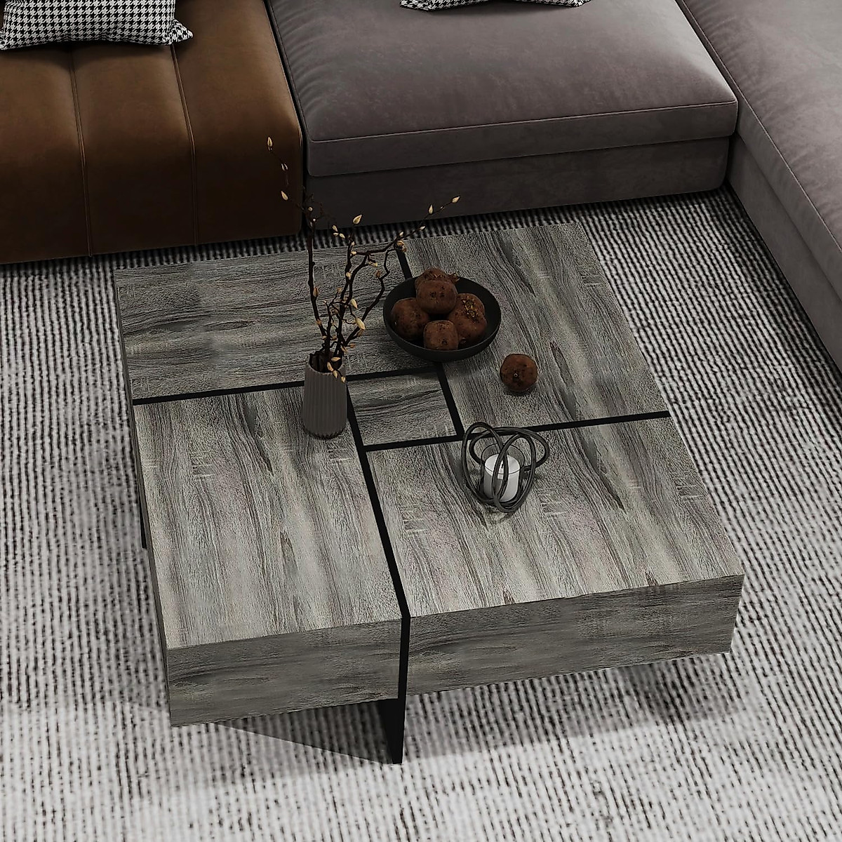 Furnnylane Modern Coffee Table with 4 Drawers,Square Coffee Table with Storage for Living Room,Grey,31.5" D x 31.5" W x 15.7" H