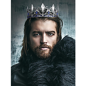 SWEETV Antique Silver King Crown for Men/Women (Unisex), Men's Tiara Prince Diadem, Crystal Medieval Headwear, Royal Costume Hair Accessories for Cosplay Birthday Wedding Halloween, Blue