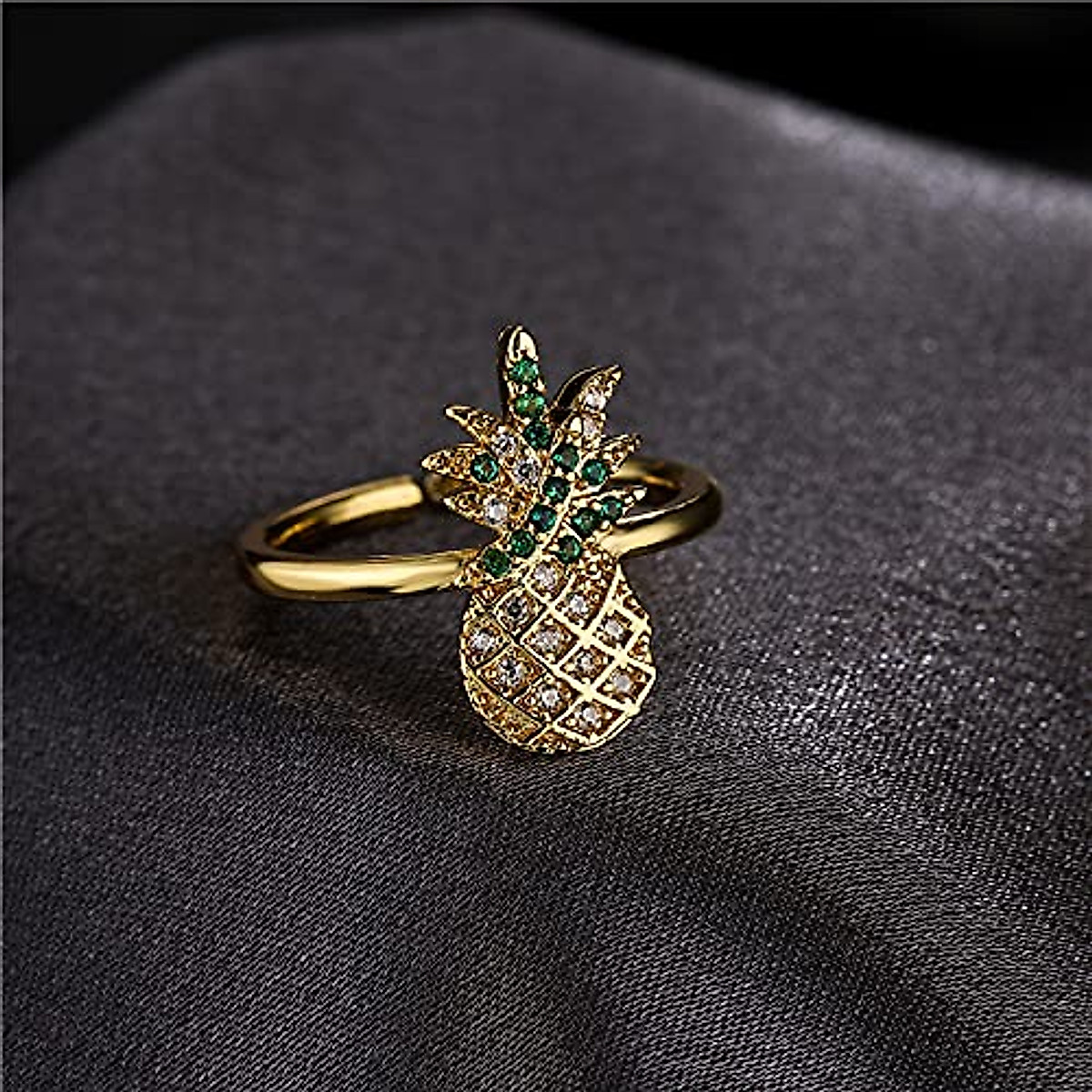 Cute Pineapple Cubic Zirconia Statement Rings for Women Girls Teen Thin Band Stacking Finger Expandable Open Adjustable Size Gold Plated Elegant Sparkly Dainty Fashion Fruit Jewelry Wedding Promise