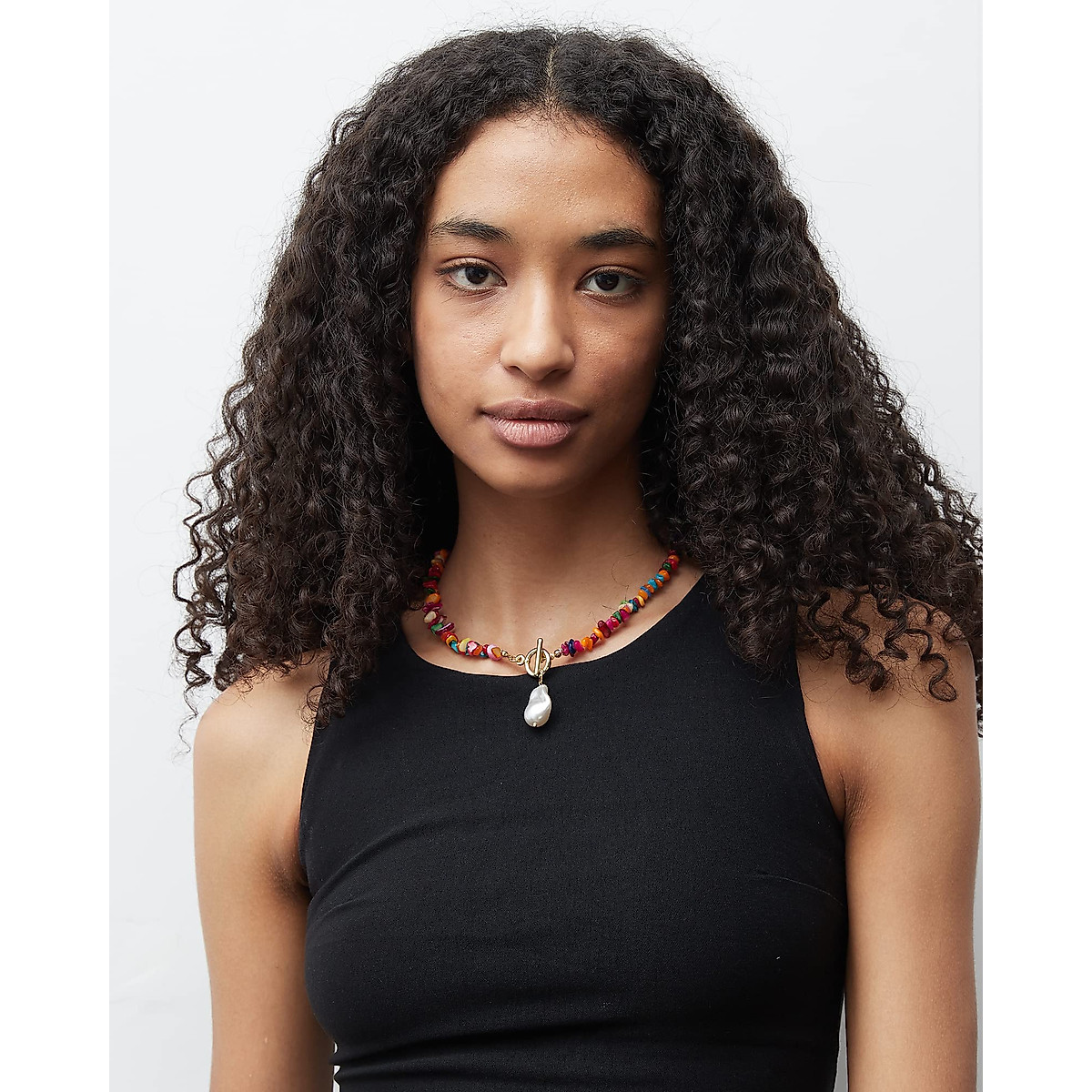 IDOKAWA Beaded Charm Necklace for Women Boho Multicolor Charm Necklace with Natural Stone Freshwater Baroque Pearl Pendant Summer Beach Necklace Y2K Necklace Jewelry Gifts for Women Girlfriend