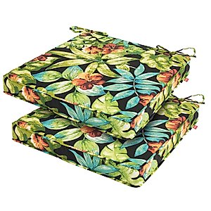 IN4 Care Patio Chair Cushion 18"x18"x2.5" for Patio Furniture, 2 Pack, Indoor/Outdoor Waterproof Square Corner Seat Cushion with Ties, Chair Pads for Garden Dining Office Sofa-Tropical Green Leaves