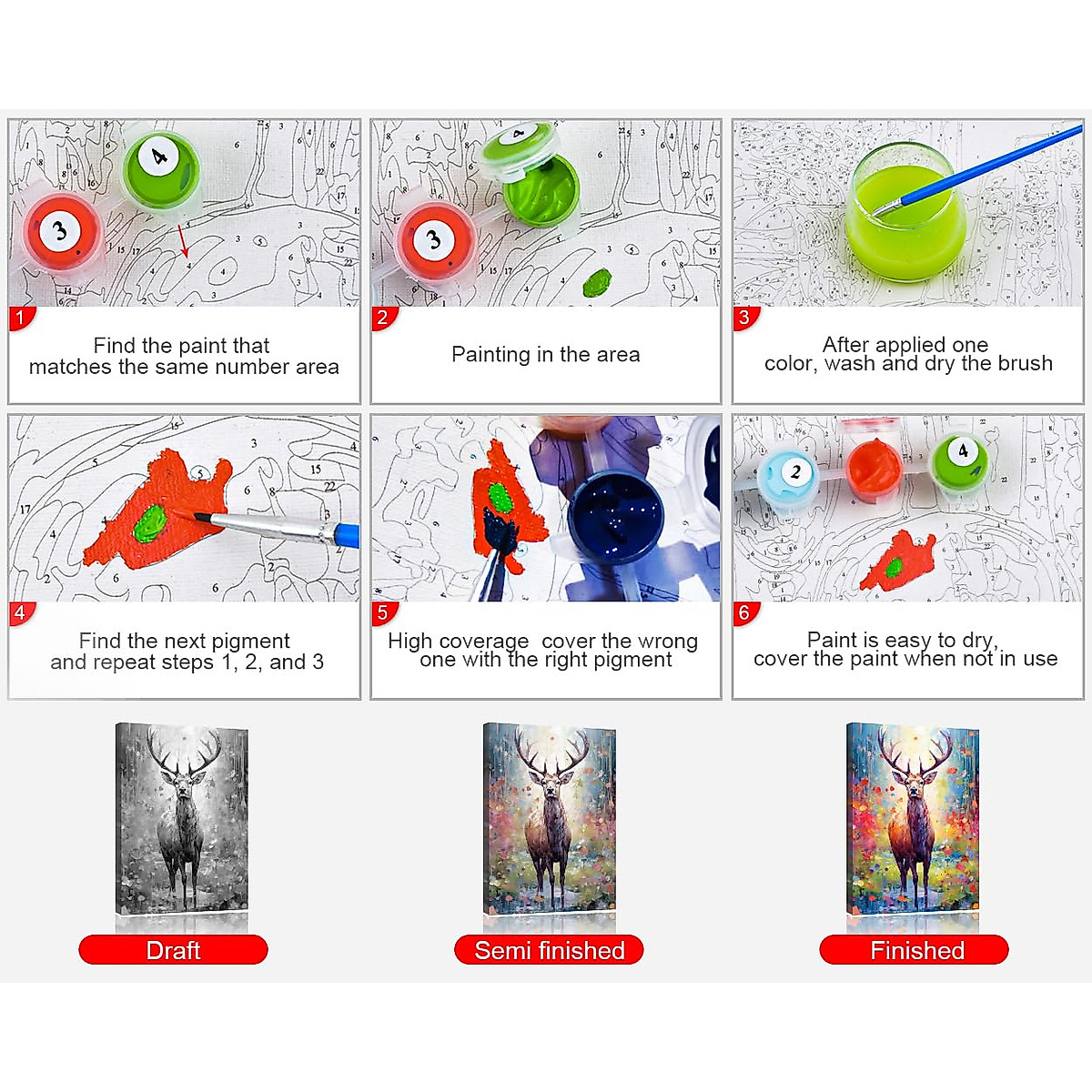 TISHIRON Paint by Numbers for Adults, Deer Oil Painting, Paint by Numbers for Beginners, Artistic Impasto Style Paint by Numbers Kit, DIY Oil Painting, Children's Crafts, 16x20 inch