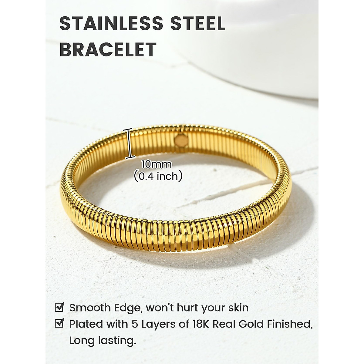 KeyStyle Gold Bangles for Women Thin Stretch Bracelets, High Polished Snake Link Flexible Bangle Bracelet (10mm wide)