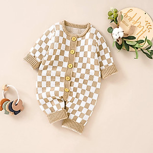Infant Baby Girl Boy Knitted Sweater Romper Jumpsuit Checkerboard Plaid Print Long Sleeve Button Down Bodysuit Clothes (Camel, 3-6 Months)