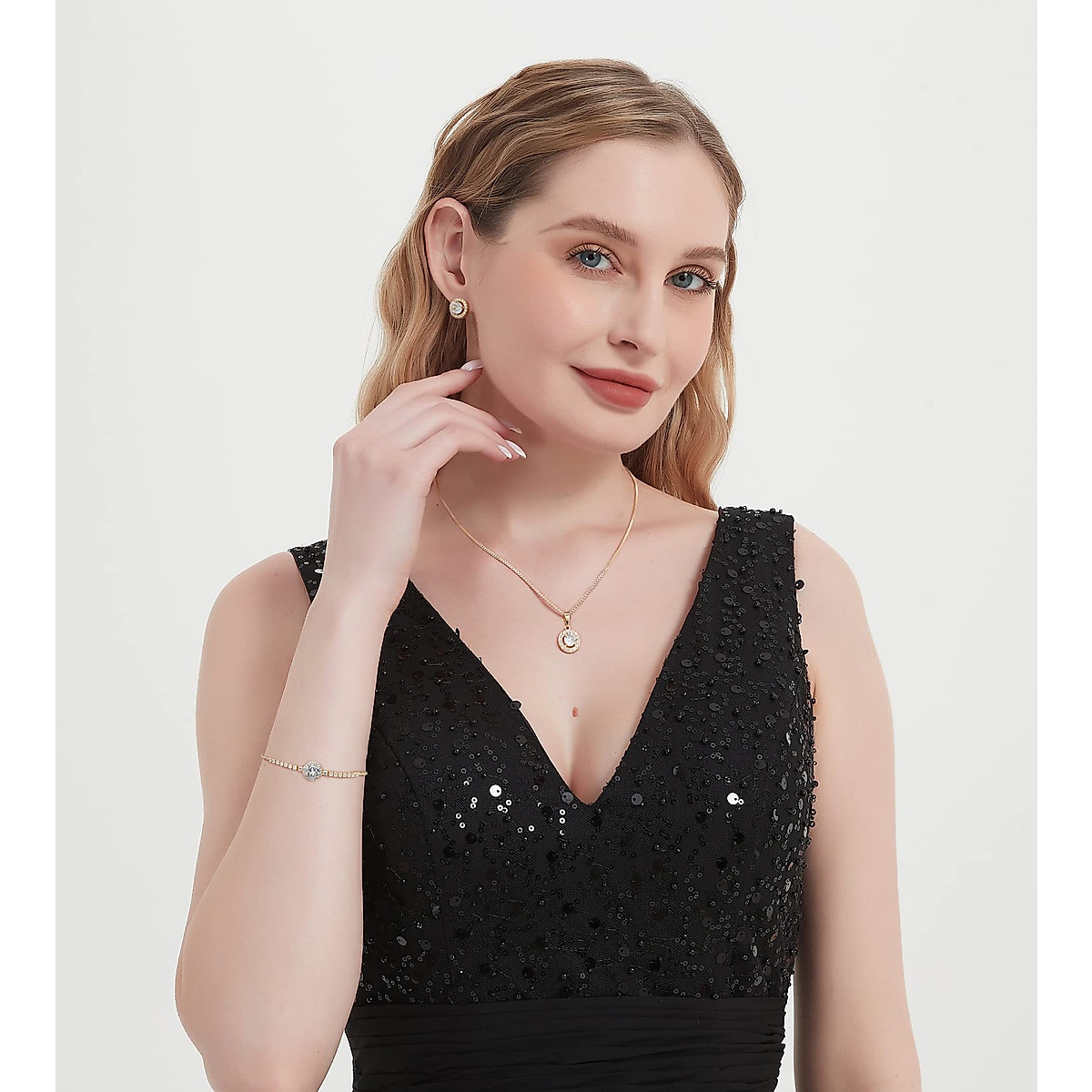 UDYLGOON Round Earrings Necklace Bracelet Jewelry Set for Women Bridal Bridesmaid Party Prom Daily Wedding (Rose Gold)