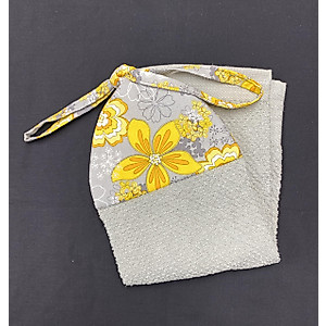 White and Yellow Flowers on Grey Gray Ties On Stays Put Kitchen Hanging Loop Hand Dish Towel