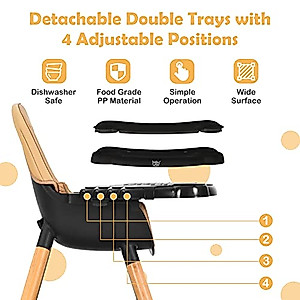 BABY JOY 5 in 1 High Chair, Convertible High Chairs for Babies and Toddlers/Booster Seat/Table and Chair Set, Infant Wooden Highchair w/ 5-Point Harness, 4-Position Removable Tray & PU Cushion, Coffee