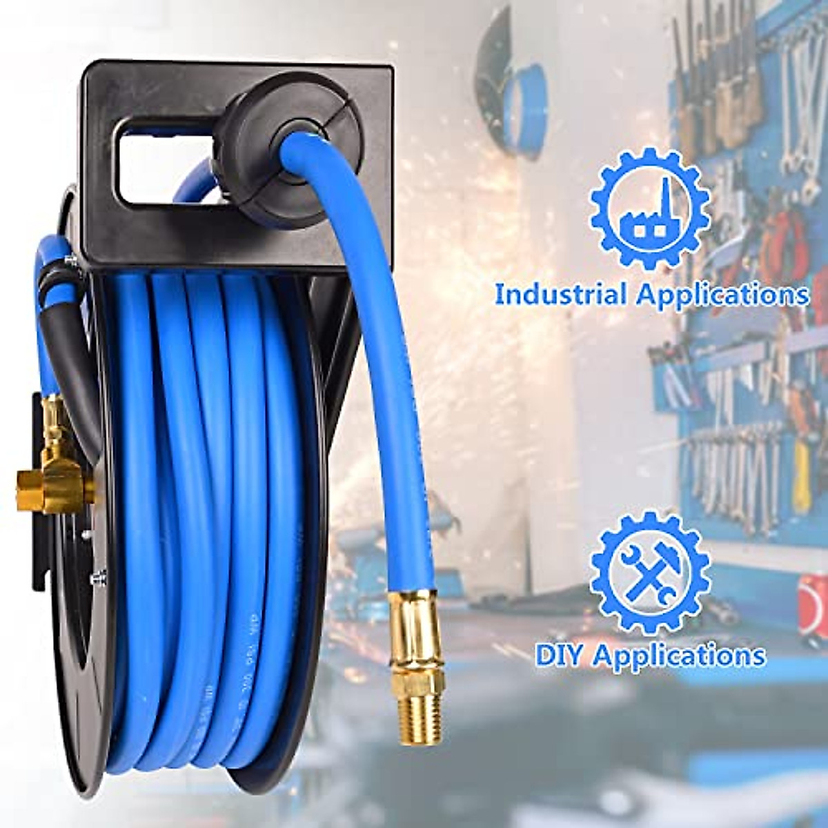 Aain AA039 Premium Heavy-Duty 3/8 in x 50 ft Air Hose Reel. Ceiling/Wall Mount, Retractable Air Compressor Hose Reel, 300 PSI Flexiable Hybrid Hose, black and blue