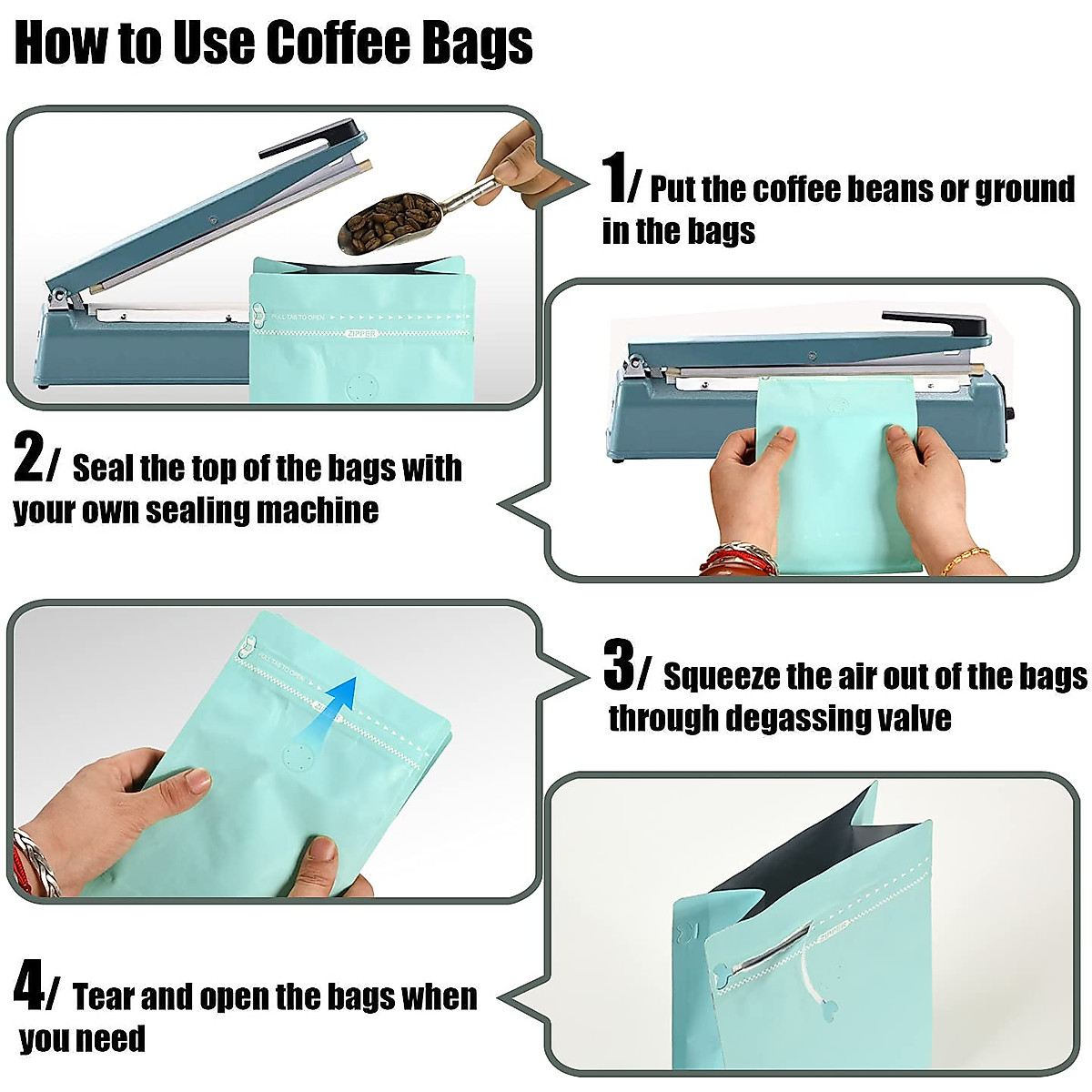 50 Count 8 Ounce Green Blue Kraft Paper Coffee Bags with Air Release Valve, High Barrier Coffee Pouches for Home, Store, Flat Bottom (50pcs/8oz, 0.5lb, 250g)