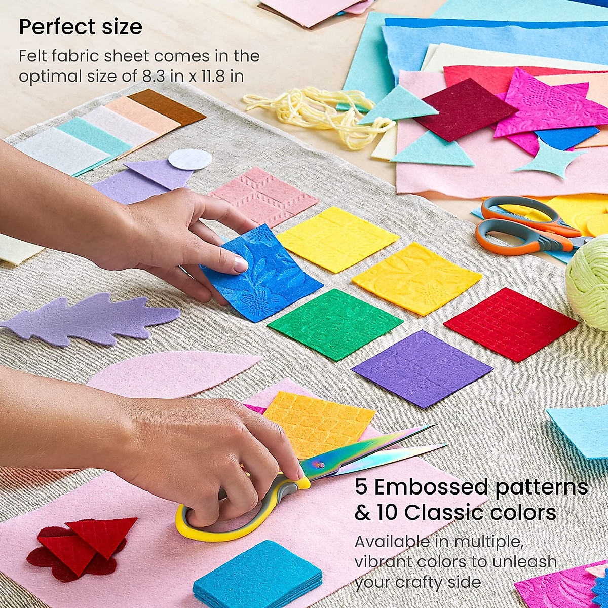 ARTEZA Craft Felt Sheets, 8.3 x 11.8 Inches, Set of 50, 5 Patterns, 10 Classic Colors, Stiff Non Woven Felt Fabric for Sewing and DIY Projects