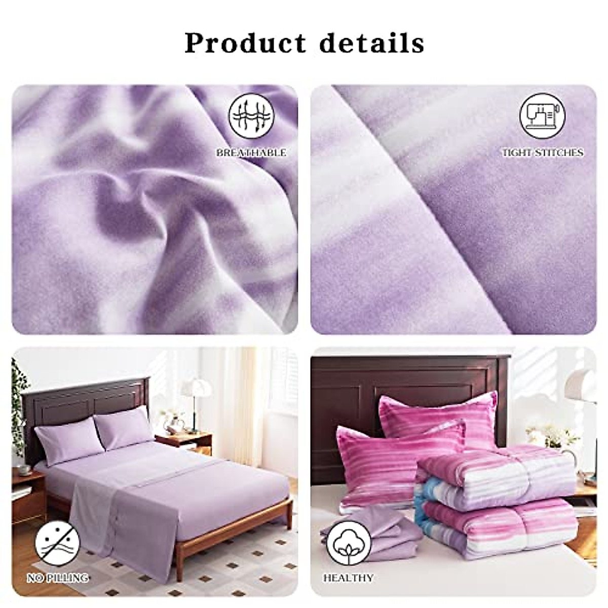 Flysheep 7 Pieces Bed in a Bag King Size, Gradient Purple Red Teal Ombre Boho Striped Comforter Sheet Set, Vibrant Clolorful Patchwork Rainbow Bohemian Bedding Set for All Season