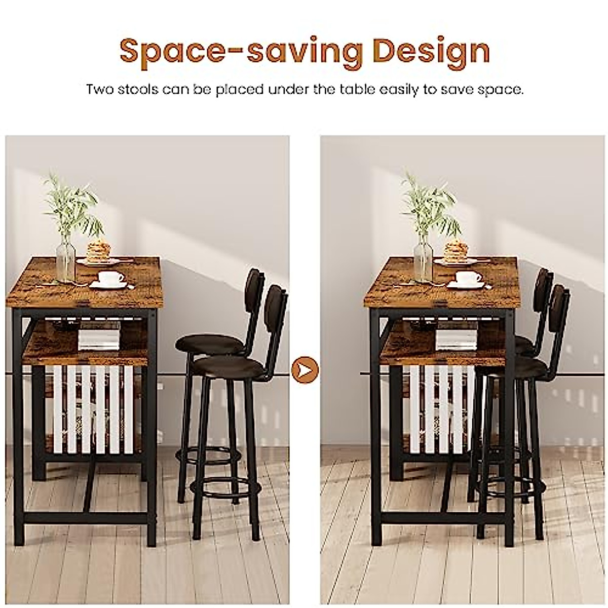 Recaceik Bar Dining Table Set, Modern Bar Table and Stools for 2, Kitchen Counter Height Dining Table Set with 4 Storage Shelves, PU Upholstered Stools Breakfast Nook Set Pub Table with Backrest