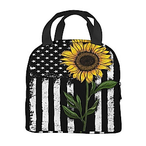 Sunflower And American Flag Insulated Lunch Bag Lunch Box Lunch Tote Cooler Reusable Lunch Pail Outdoors Meal Bag For Men/Womens