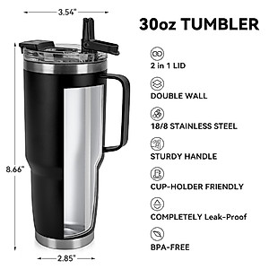 HASLE OUTFITTERS 30oz Tumbler With Handle, Insulated Travel Coffee Mug With Straw Leak-Proof Double Wall Stainless Steel Vacuum Tumblers Metal Cup with Straw for Hot and Cold Drink