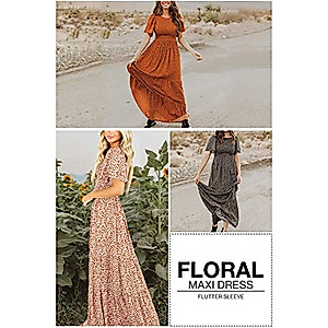 Women's Summer Dresses 2023 Round Neck Flutter Short Sleeve Casual Flowy Smocked Floral Maxi Long Dress Caramel L