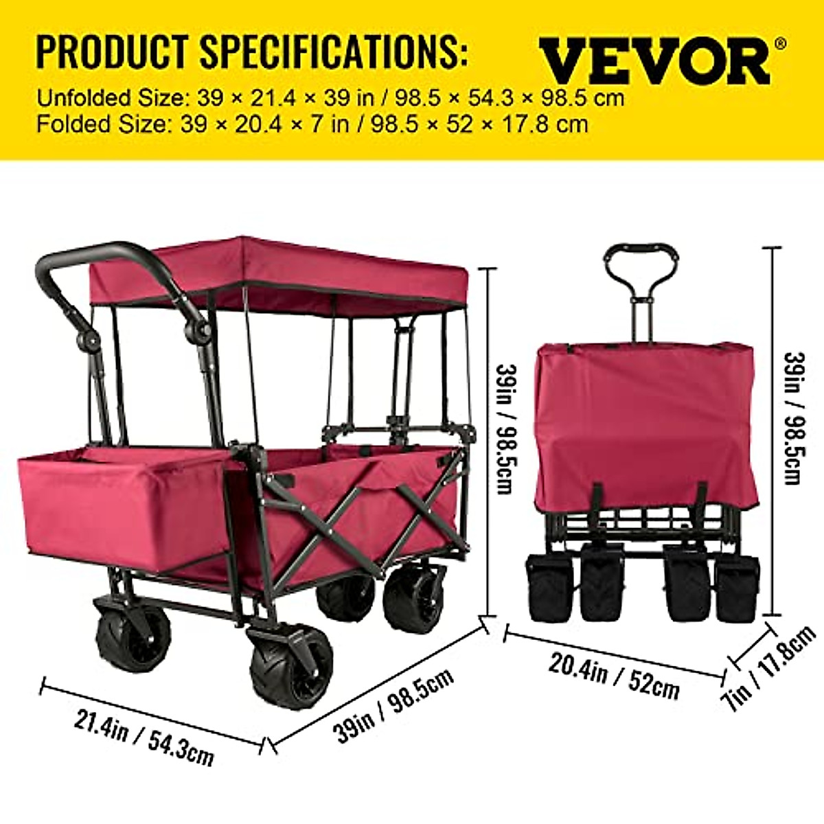 Happbuy Extra Large Collapsible Garden Cart with Removable Canopy, Folding Wagon Utility Carts with Wheels and Rear Storage, Wagon Cart for Garden, Camping, Grocery Cart, Shopping Cart, Red