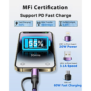 4 in 1 Fast Charging Cable 60W 6FT Apple MFi Certified USB C to Lightning Cable Nylon Braided USB A/C to C/Lightning Cable Multi iPhone Charger Cord for iPhone 16 15 14 13 Pro/iPad/Samsung/MacBook