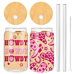 Whaline Western Cowgirl Beer Can Glass Cowgirl Drinking Glasses 16oz with Bamboo Lid Glass Straw and Cleaning Brush Cowboy Boots Disco Drinking Glass Boho Preppy Coffee Decor Gift Idea,2 Pack