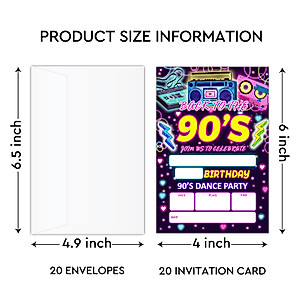 YUEXLL 90's Birthday Party Invitations Cards with Envelopes, Back to the 90's Party Invitations, Neon Birthday Celebration Supplies, Double-sided Fill-in bday Invites for Boys Girls- A18