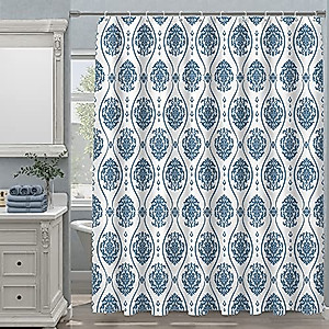 SUMGAR Boho Damask Flowers Shower Curtain Blue and White, Retro Ogee Pattern Bathroom Curtains, Classic Paisley Totem Moroccan Beach Fabric Shower Curtains Set with Hooks 72x72 Inches