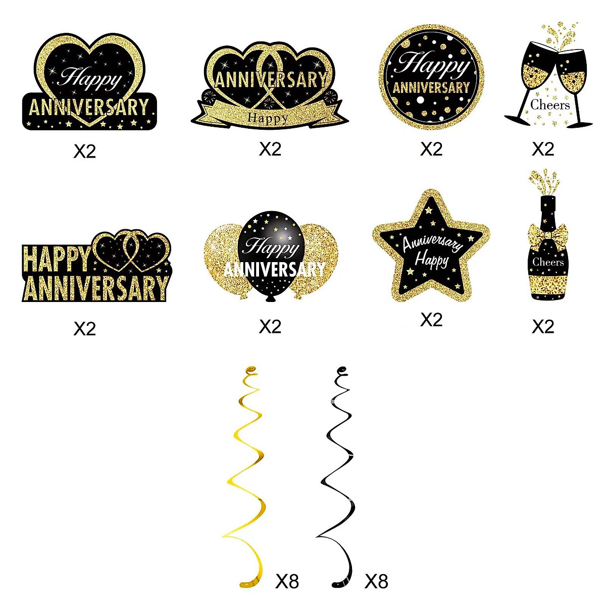 Luxiocio 30Pcs Happy Wedding Anniversary Hanging Swirls Decorations, Black Gold Anniversary Theme Hanging Sign Party Supplies, 10th 20th 25th 30th 40th 50th 60th Anniversary Party Ceiling Decor