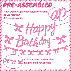 TaoBary Pink Bow Happy Birthday Decorations Glitter Pre Strung Coquette Birthday Banner Party Decorations Girl Cute Themed Birthday Party Decors for Bridal Shower Wedding Coquette Party Decor Supplies