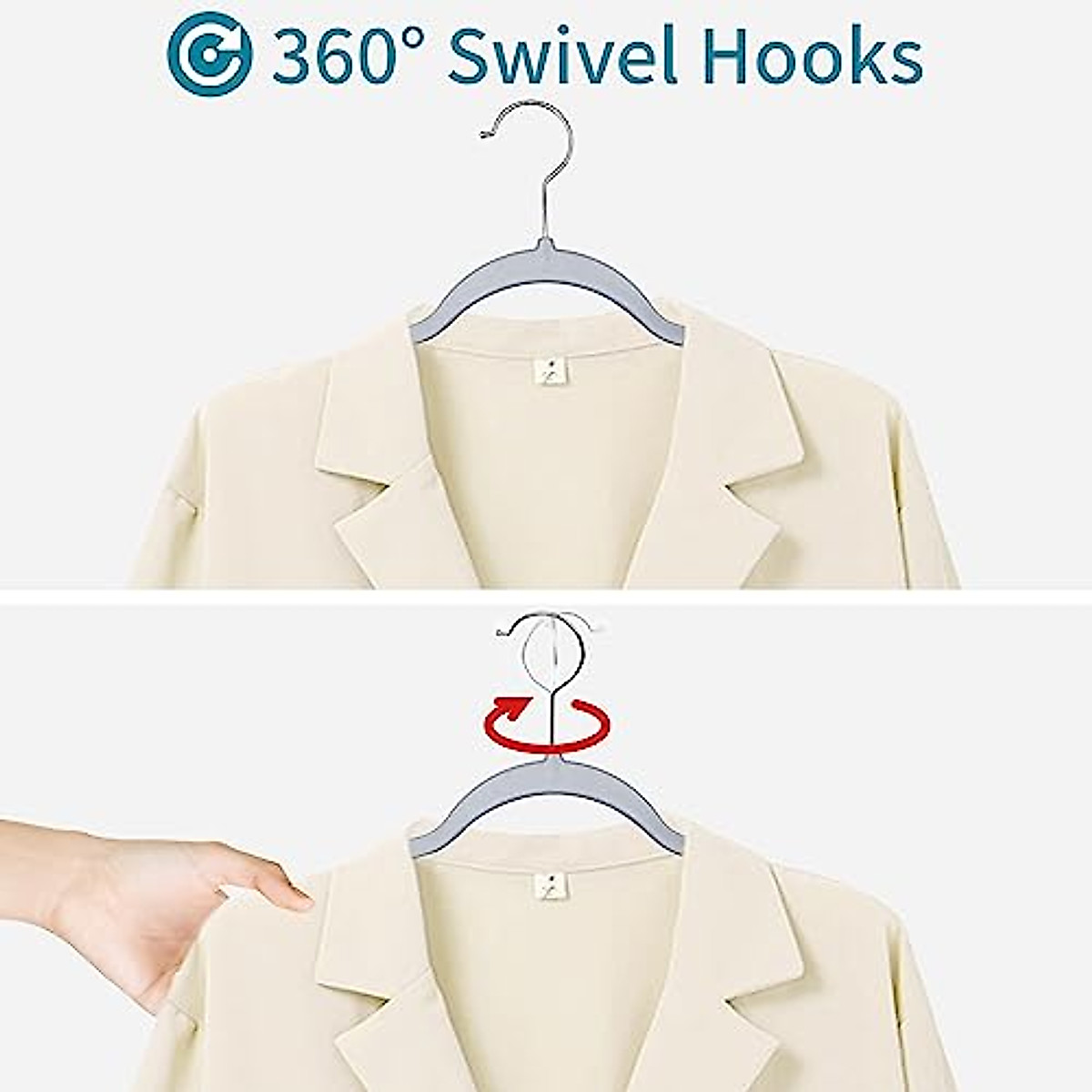 ABHENG 30 Pack Clothes Hangers, Non Slip Plastic Coat Hangers, 360°Swivel Hook, Space Saving, 0.2 Inches Thick, Heavy Duty, Hanging Dry Wet Clothes, Gray, UAPY0130G