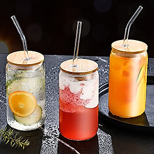 CAKRETY Glasses with Bamboo Lids and Glass Straw 4pcs Set, 16oz Can Shaped Glass Cups, Beer Glasses, Iced Coffee Glasses, Soda, Gift 2 Cleaning Brushes