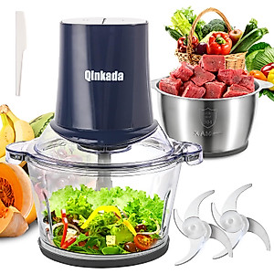 Qinkada Food Processors with 2 Bowls, 400W Meat Grinder, Food Chopper Electric, 2 Speed, 8Cup Glass and 8Cup 304 Stainless Steel, 2 Blades, Spatula (Blue)