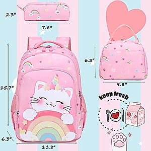 Jumpopack Unicorn Backpack for Girls School Backpack for Elementary Girls Backpack with Lunch Box Lightweight Water Resistance School Bag Preschool Kids Bookbag,Unicorn Cat