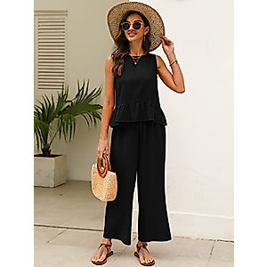 AUTOMET Two Piece Outfits for Women Fall Teacher Outfits 2023 Summer Vacation Beach Sleeveless Linen Crop Tank Top Casual Lounge Sets Comfy Tracksuits Long Pants Dressy Trendy Clothes