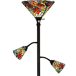 Bieye L10884 Maple Tree Leaves Tiffany Style Stained Glass Torchiere Floor Lamp with Sidelights for Reading Home Decor, 70-inches Tall (Maple Leaf, Red)