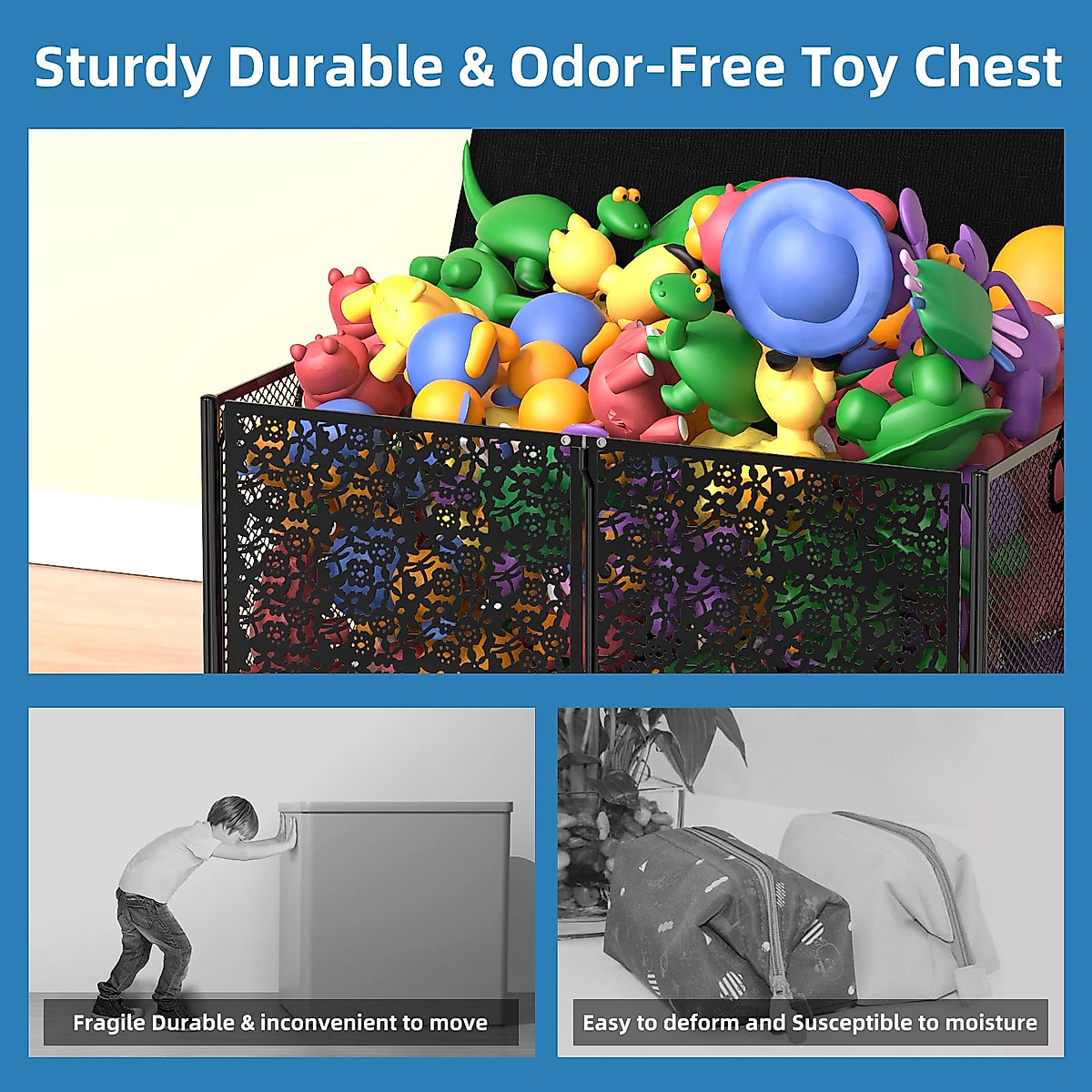 IDMOP Large Metal Toy Box Storage,Toy Box Chest with Lid,Collapsible Sturdy Toy Storage Bins With Wheels,Toy Storage Baskets with Handles for Nursery Playroom (2 Pack, Black)