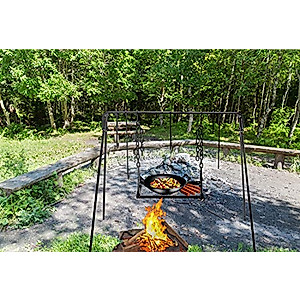 Bruntmor Grill Swing Campfire Cooking Stand BBQ Grill for Cookware & Dutch Oven Adjustable Collapsible Legs with Hooks & Accessories & Carrying Case Black